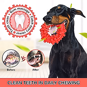 Dog Balls Treat Dispensing Dog Toys for Aggressive Chewers Large Breed, Nearly Indestructible Squeaky Dog Chew Toys for Large Dogs, Natural Rubber Dog Puzzle Toys (RING-Red, For Larege Dogs)