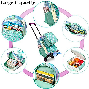 Meetbelify Rolling Backpack for Girls Mermaid Luggage Magic Sequin Suitcase Wheels Trolley Trip Laptop Backpack with Lunch Box for Teen Girls Students