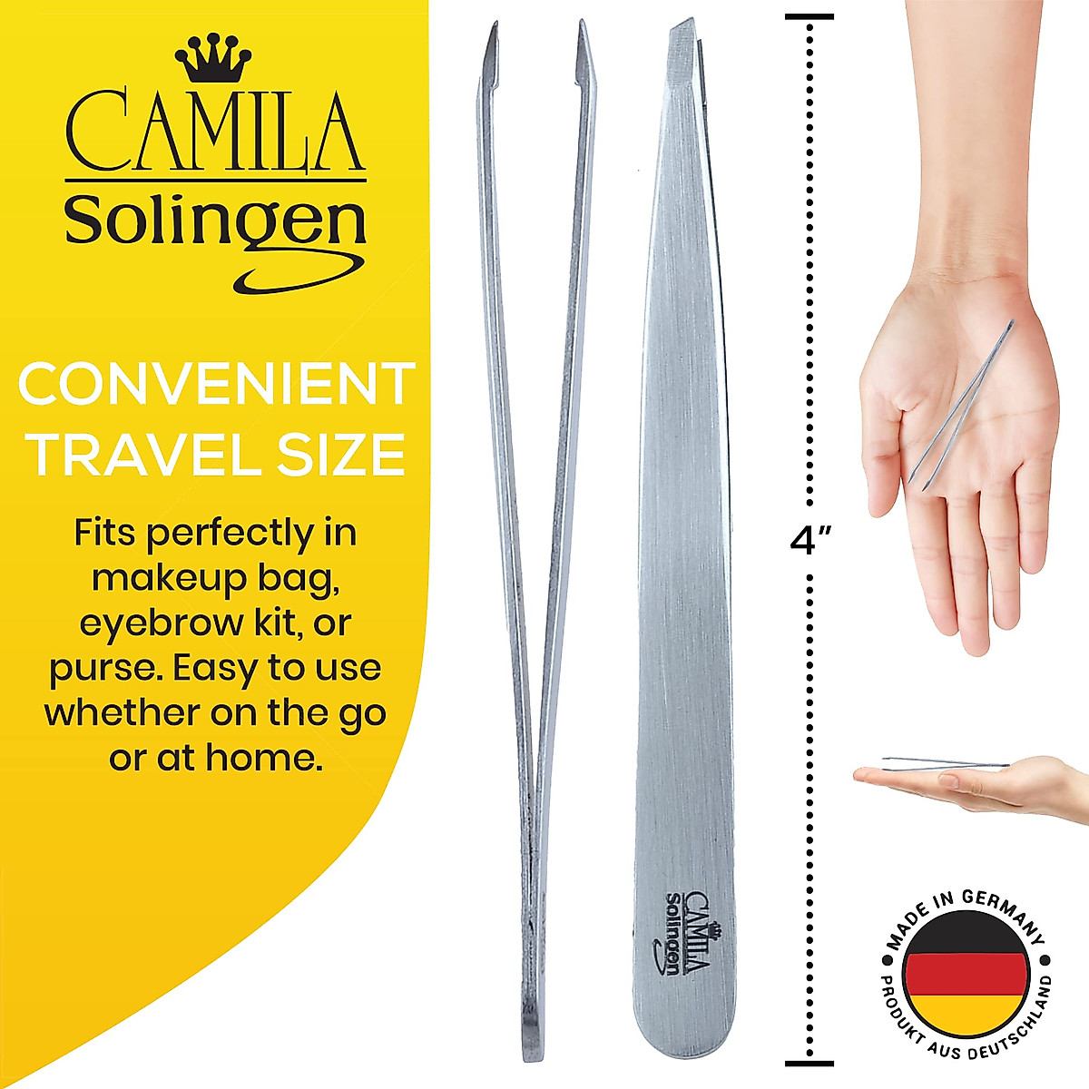 Camila Solingen CS25 4" Professional Surgical Grade Stainless Steel Precision Tip Eyebrow Tweezers for Facial Hair Shaping & Removal. Beauty Tool for Men/Women. Made in Solingen Germany (Slanted)