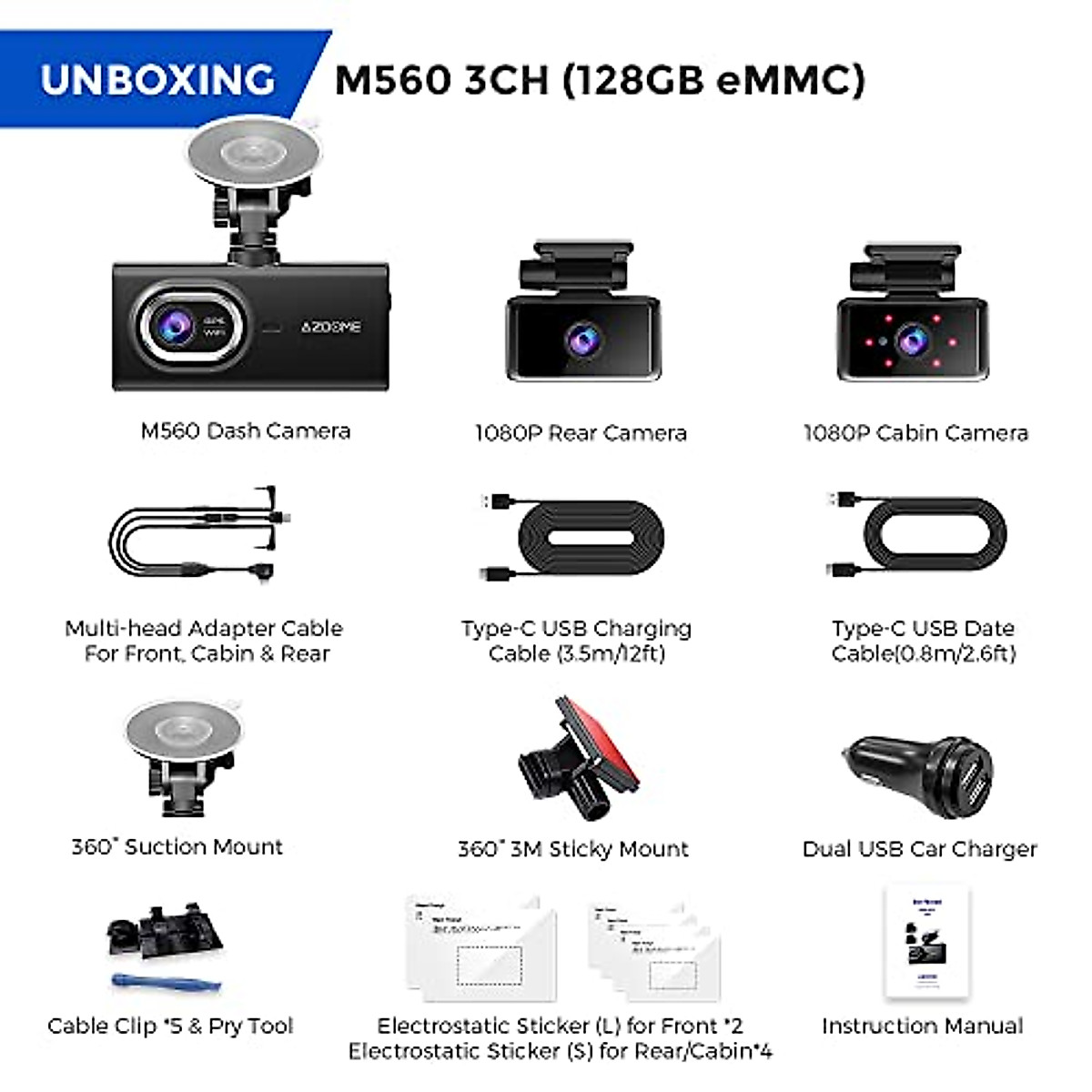 AZDOME M560-3CH Dash Cam 3 Channel, Built in WiFi GPS, 128GB eMMC ...