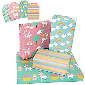 MAYPLUSS Wrapping Paper Large Sheet with Gift Tags - Folded Flat - 4 Different Adorable Designs - Unicorn, Rainbow, Stripe(30.1 sq.ft.ttl.) - 27.5 inch X 39.4 inch Per Sheet