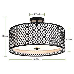 Ludil 17" Semi Flush Mount Ceiling Light Fixture, Modern 3-Light Black Durm Close to Ceiling Lighting with Metal Mesh Cage & Bottom Reflective Glass for Living Room Bedroom Kitchen Hallway Entryway