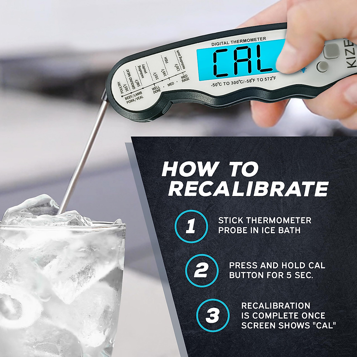 KIZEN Digital Meat Thermometer with Probe - Waterproof, Kitchen Instant Read Food Thermometer for Cooking, Baking, Liquids, Candy, Grilling BBQ & Air Fryer - Black/White