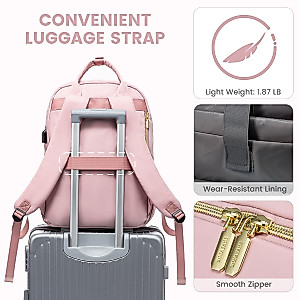 LOVEVOOK Laptop Backpack Women Teacher Backpack,15.6 Inch Laptop Bag with USB Port,Waterproof Daypack for Work Travel Pink