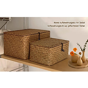 Sobotoo Wicker Storage Basket with Lid, Natural Hand-woven Rattan Storage Box, Rectangular Household Organizer Boxes Shelf Wardrobe Organizer (L+XXL)