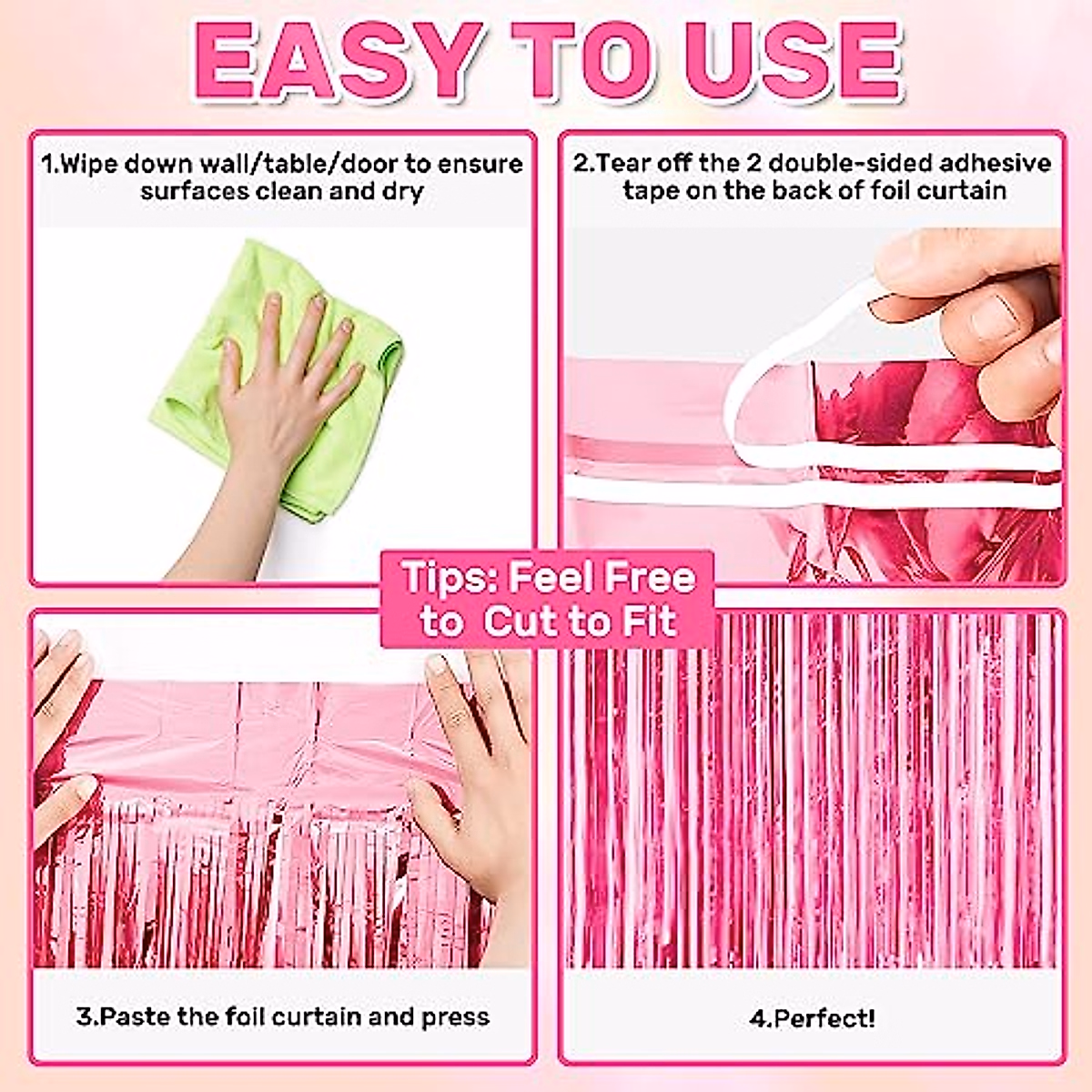 4-Pack Backdrop for Party Decorations, Foil Fringe Backdrop Curtains, Tinsel Streamers for Birthday Party Decorations, Pink Backdrop Curtains for Girl Graduation Unicorn Mermaid Disco Princess Parties