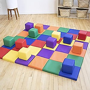 ECR4Kids SoftZone Patchwork Activity Mat and Toddler Blocks, Beginner Playset, Assorted, 13-Piece
