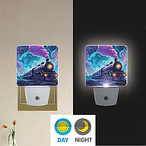 ZENWAWA Steam Train Illustration Night Light Plug into Wall Decorative Auto Dusk to Dawn Sensor LED Night Lamp 2 Pack 3×4.5×1.4 in
