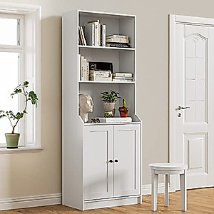 Cozy Castle White Bookshelf with Doors, Tall Bookcase with 3-Tier Open Shelves for Bedroom, Living Room, 27.6" W x 15.7" D x 75.6" H