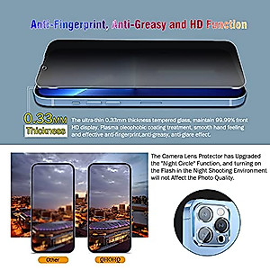 QHOHQ 2 Pack Privacy Screen Protector for iPhone 13 Pro Max 6.7" with 2 Packs Camera Lens Protector, Full Screen Tempered Glass Film,9H Hardness Anti-Scratch, Anti Spy, Easy to install - Case Friendly