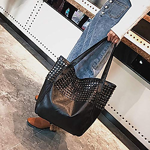 Ro Rox Women's Faux Leather PU Punk Studded Shopper Large Tote Shoulder Day Bag - Black