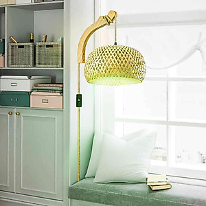 Bamboo Lantern Plug in Wall Sconce Or Hemp Rope Pendant Lamp with LED RGB Bulb, Rattan Wall Lamps, Wood Shelf Brackets, Boho Wicker Hanging Light with 9.8 FT Plug in Cord for Living Room, Bedroom