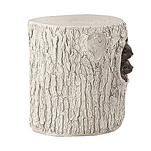 COSIEST Outdoor Antique Beige Side Table Faux Wood, Hand-Painted Wood Stump Stool w Sculpted Squirrel, Outdoor Accent Table, Ottomans, Plant Stand, Deck or Garden