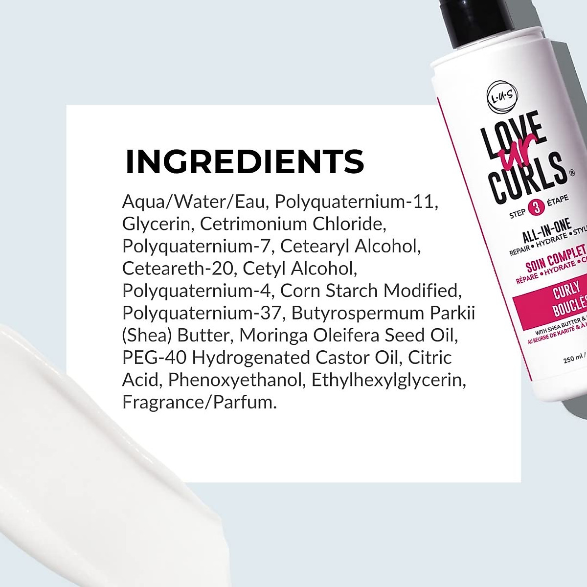 Love Ur Curls - LUS All in One Curl Cream Styler, Anti Frizz Curling Cream for Curly Hair, Repair, Define, Hydrate & Style with Shea Butter, 250mL