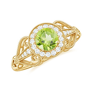 Rosec Jewels Certified Peridot and Diamond Vintage Inspired Engagement Ring | 5 MM | AAA Quality, 14K Yellow Gold, Size:US 9.50