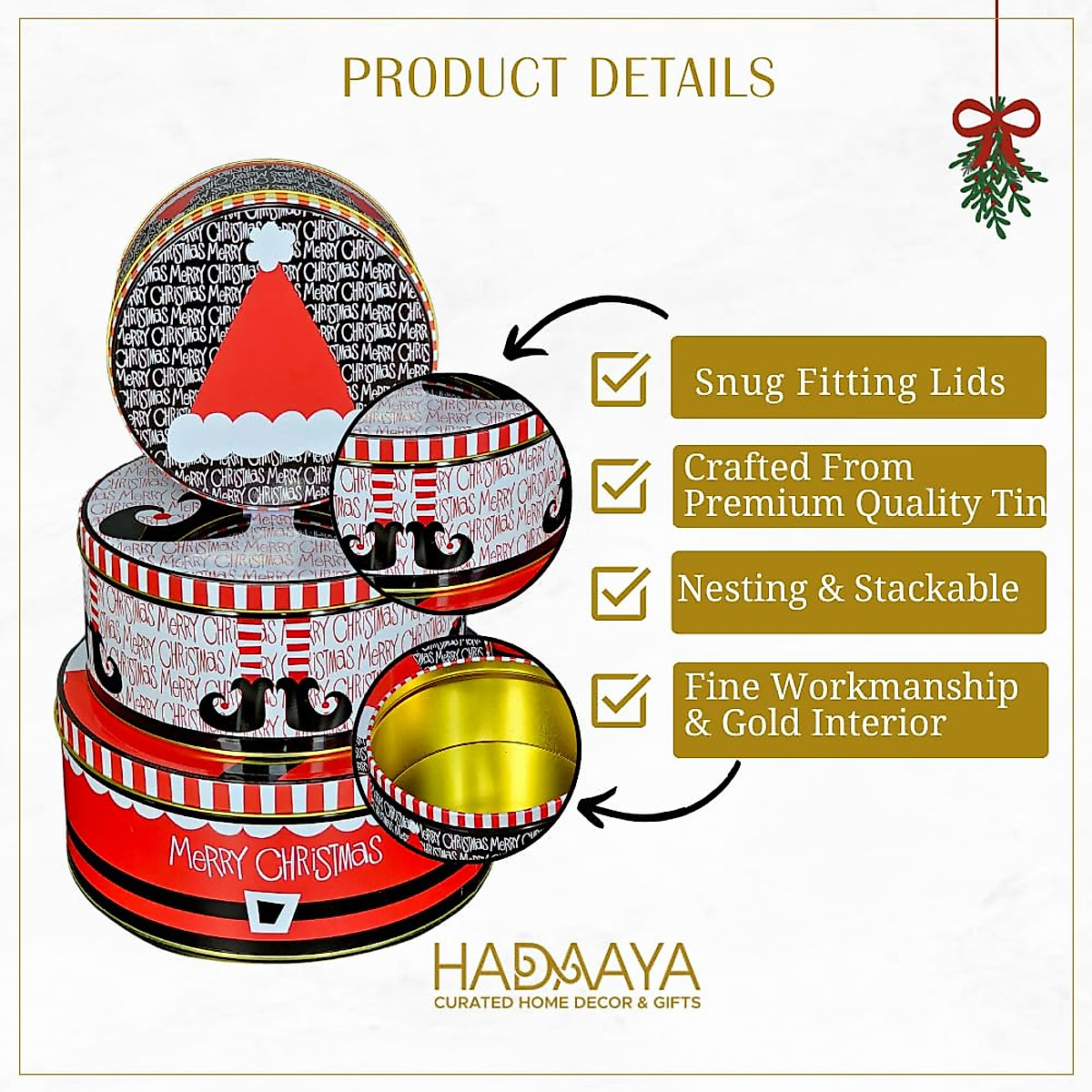 hadaaya Pack of 3 Round Metal Nesting Tins – Stackable Storage Containers with Lids for Kids' Cookies, Candy, Snacks, Crafts & Kitchen – Fun Xmas Elf Hat Design