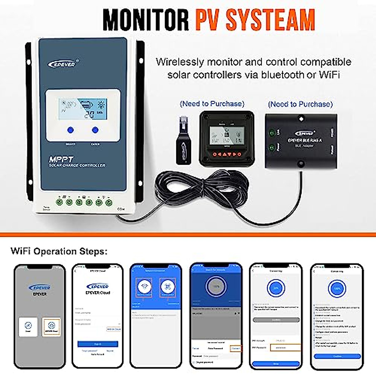 EPEVER MPPT 30A Solar Charge Controller, 30 Amp Solar Charge Regulator Mppt 12V/24V Auto Max 100V Input Negative Grounded Controller with LCD Display for Gel Sealed Flooded Lithium Battery Charging