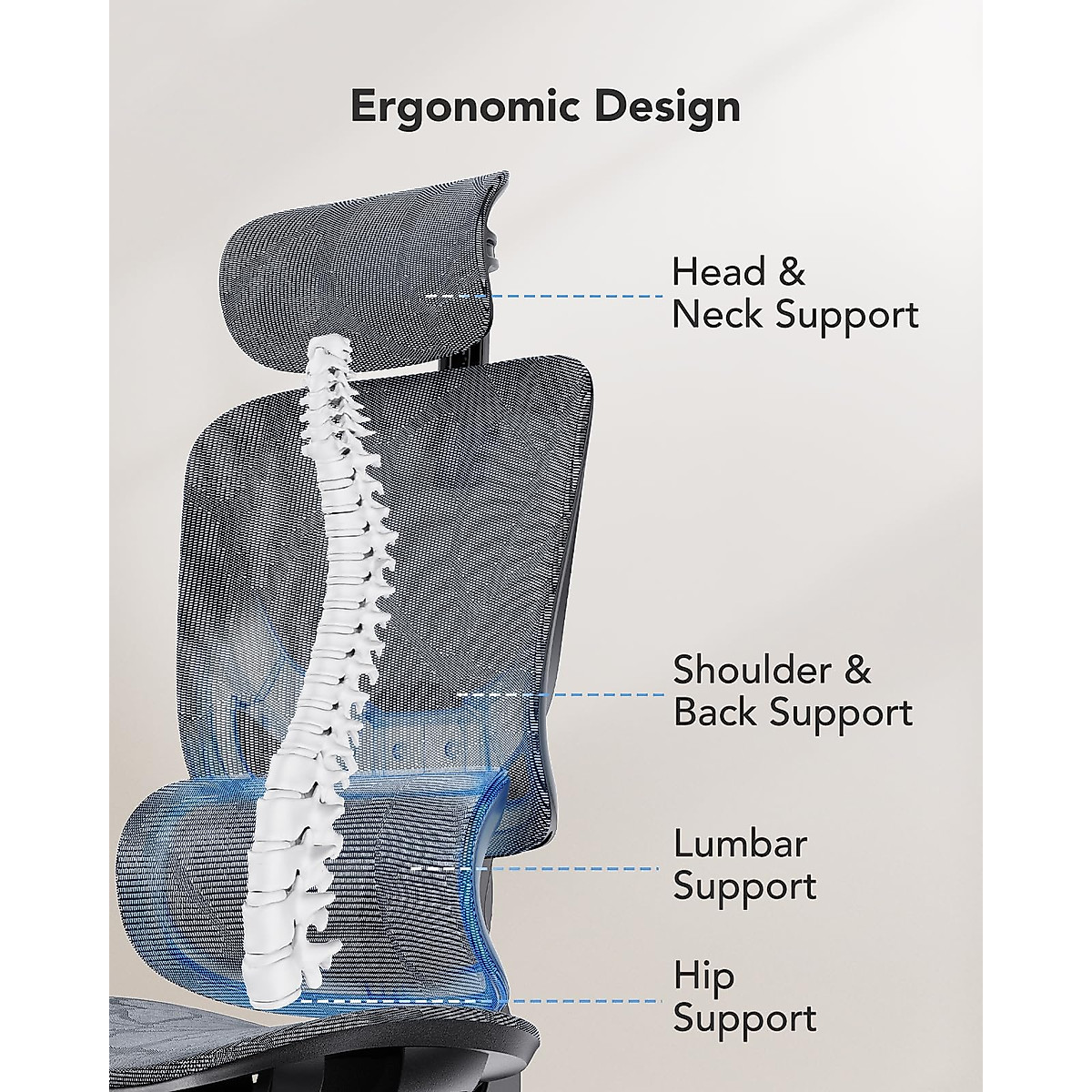 HUANUO Ergonomic Mesh Office Chair, High Back Desk Chair with 5-Level Lumbar Support, Adjustable Headrest, Armrests, Rocking Tilt, Computer Mesh Chair for Home Office Gaming