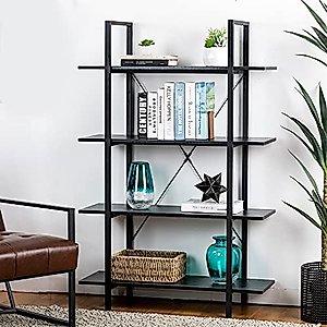 glitzhome Wooden Industrial Bookcase 4 Shelf Bookshelf Rustic Open Shelf Vintage Wood and Metal Etagere Bookcase Black Heavy Duty Bookshelf Low Office Display Bookshelves Short Farmhouse Shelves