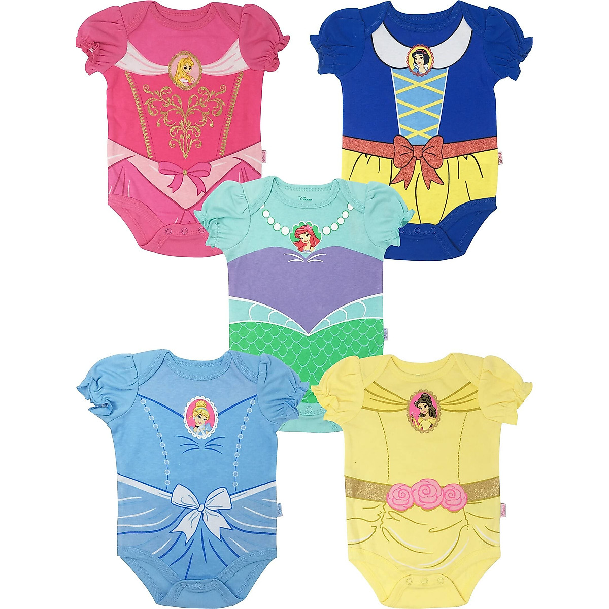 Disney Princess Snow White Belle Aurora Infant Baby Girls 5 Pack Bodysuits Aurora, Snow White, Ariel, Cinderella, Belle 18 Months
