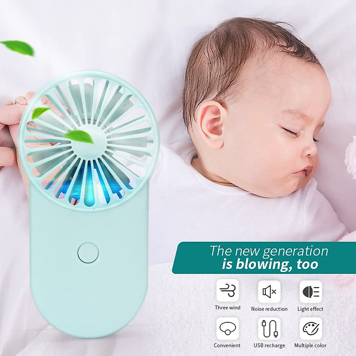 Dilexus Personal Fan Green Mini Handheld Fan,USB Recharge,Colorful LED,Small Portable Hand Fan with 3 Speed Modes - Ideal for Travel, Camping, Hiking and Office Use