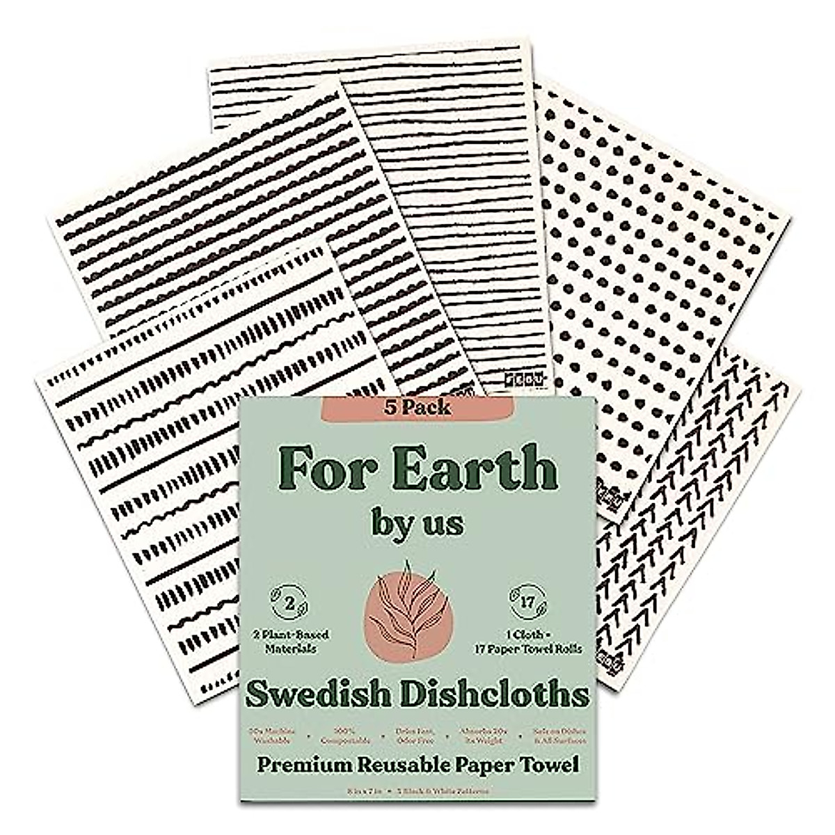 FEBU Swedish Dishcloths for Kitchen | 5 Pack Black Minimalist Swedish Dish Towels | Reusable Paper Towels Washable | Non-Scratch Cellulose Sponge Cloths | No Odor, Biodegradable, Swedish Cloths