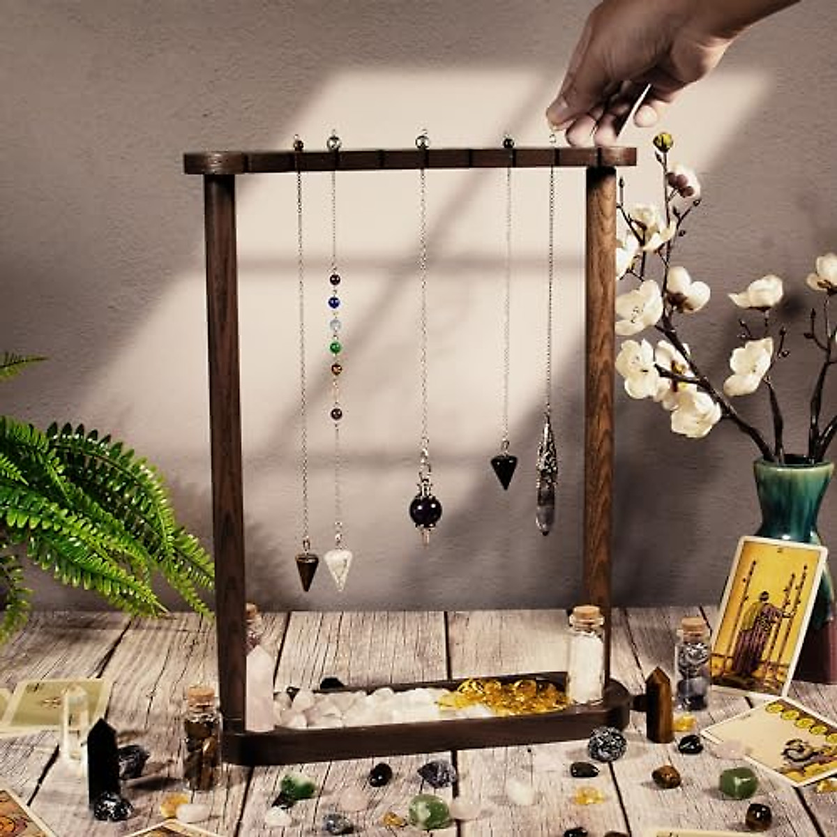 Kihomi Pendulum Display Stand with Tray | Wooden Crystal Stone Holder Up to 17 Pendulums and Crystal Pendants - Aesthetic Witchy Decor, Witchcraft and Wiccan Supplies for Your Spiritual Space (Brown)