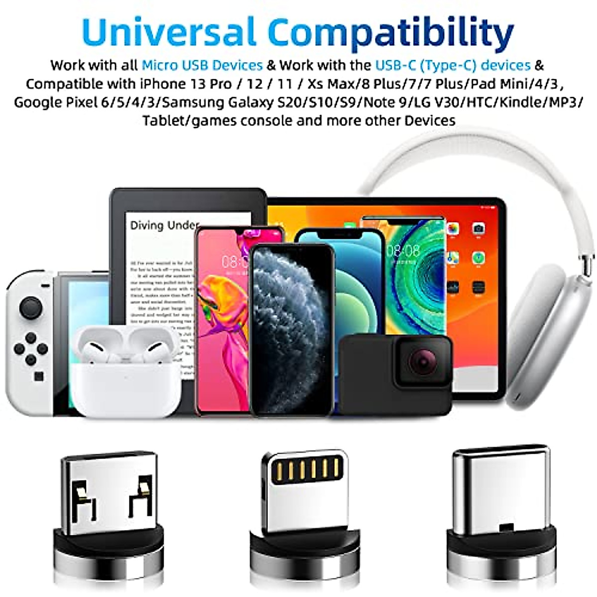 540° Rotation Magnetic Charging Cable, 3 in 1 Magnetic Phone Charger [4-Pack, 3ft/3ft/6ft/10ft] 3A Fast Charging Cable Support Data Transfer USB Magnet Charger Cable for iPhone/Micro USB/Type C Device