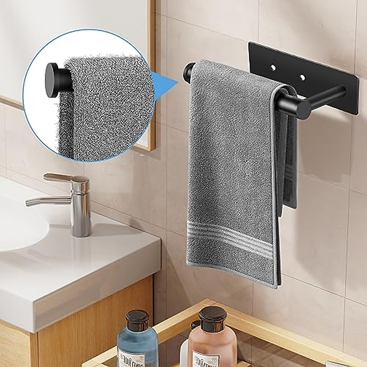 Baocuz-9 Inch Self Adhesive Hand Towel Holder, SUS 304 Stainless Steel Wall Mounted Towel Holder, Suitable for Bathroom, Kitchen, Cabinets（Black）