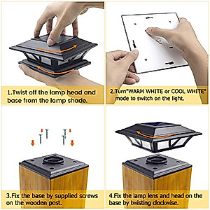 SIEDiNLAR Solar Post Lights Outdoor 2 Modes LED Deck Fence Cap Light for 4x4 5x5 6x6 Posts Patio Garden Decoration Warm White/Cool White Lighting Black (4 Pack)