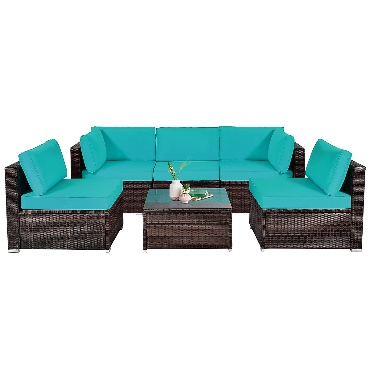 HAPPYGRILL 6 Pieces Outdoor Patio Furniture Set, PE Rattan Conversation Set with Tempered Glass Coffee Table and Cozy Cushions, Weather Resistant Sectional Sofa Set, Turquoise