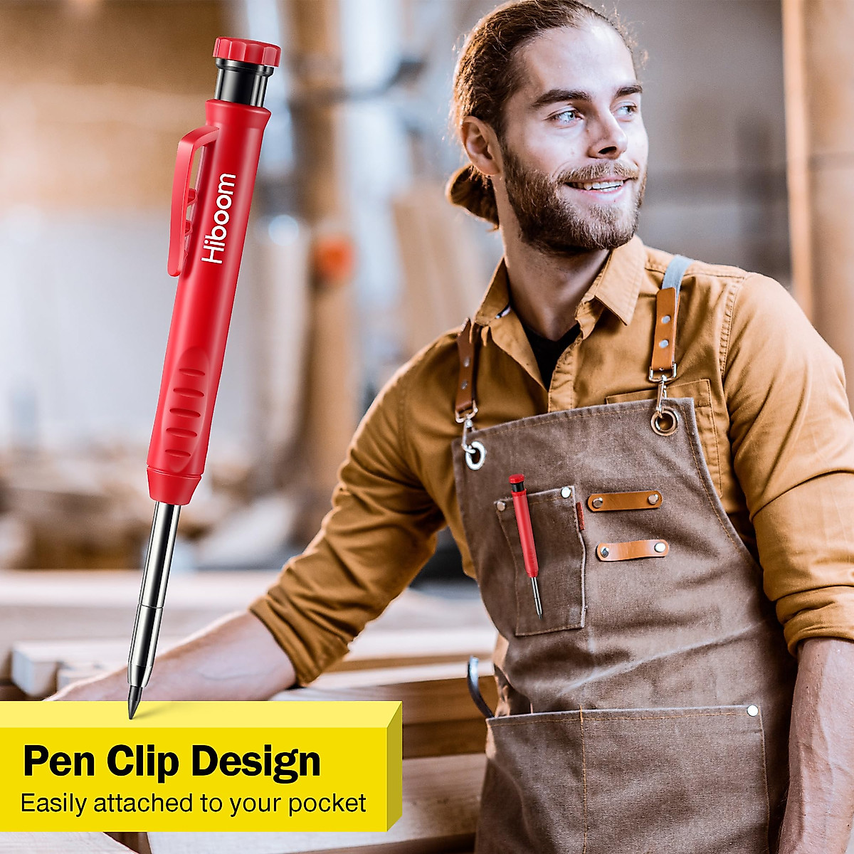 Hiboom 2 Pack Solid Carpenter Pencil with 14 Refill, Long Nosed Deep Hole Mechanical Pencil Marker with Built-in Sharpener for Carpenter Woodworking Architect Fathers Day Gift (Black, Red)