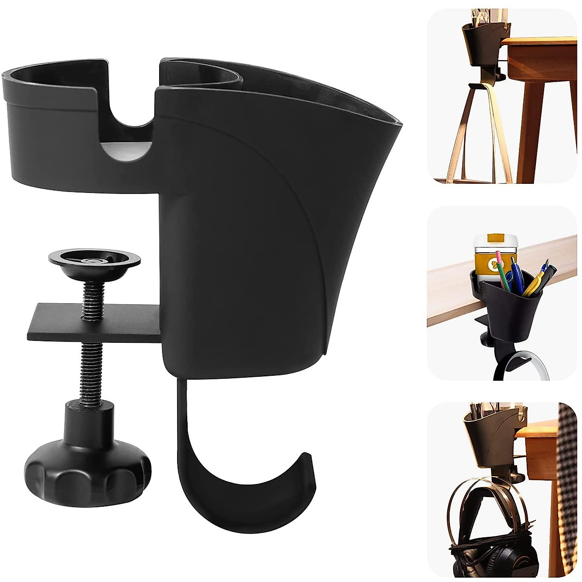3 in 1 Desk Cup Holder - Organize Your Space with Headphone Hanger, Pen Holder, and Anti-Spill Cup Holder. Ideal for Water Bottles, Wheelchairs, Workstations, and Gaming Desk Accessories. (Black)