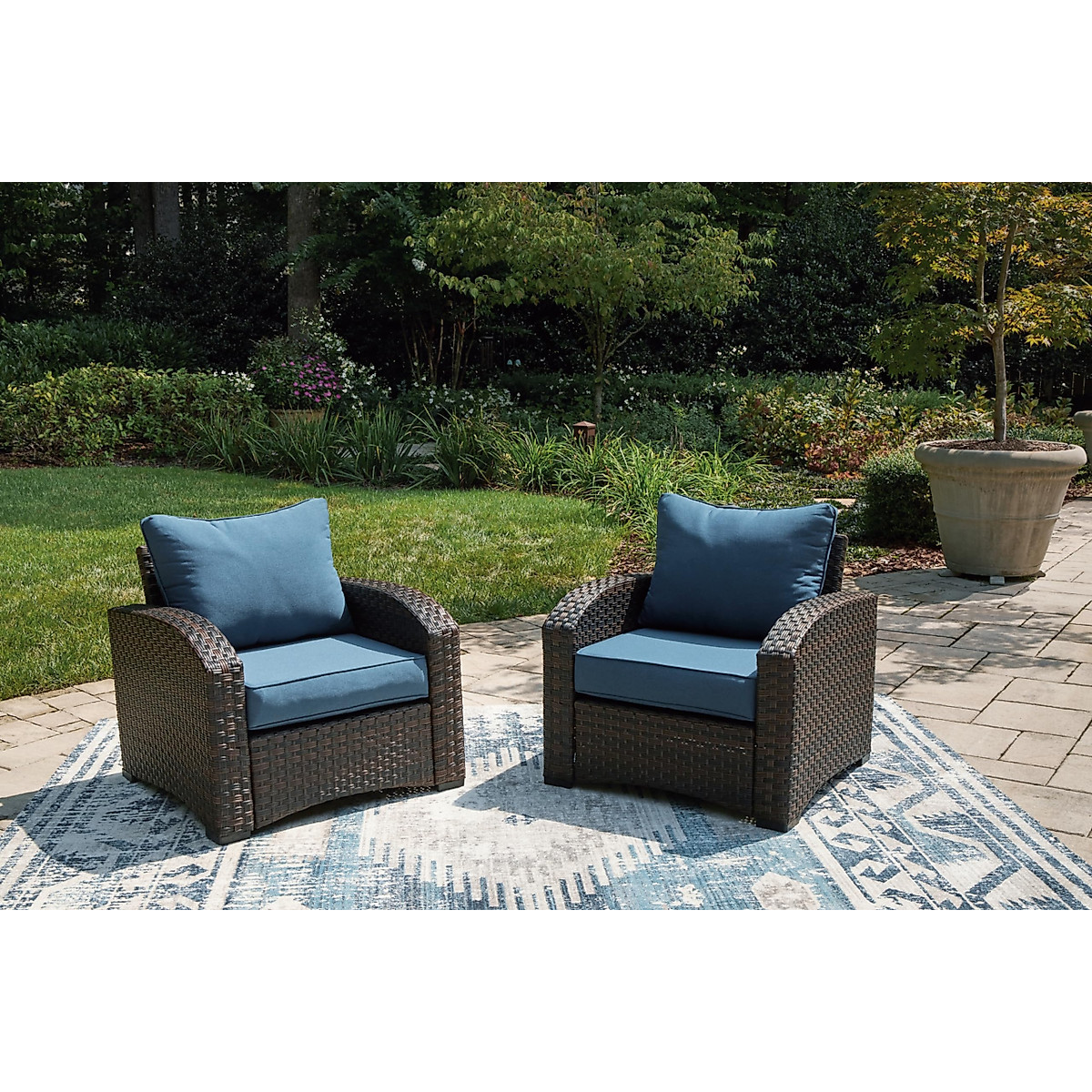 Signature Design by Ashley Windglow Outdoor Lounge Chair with Cushion, 34" W x 31" D x 37" H, Blue & Dark Brown