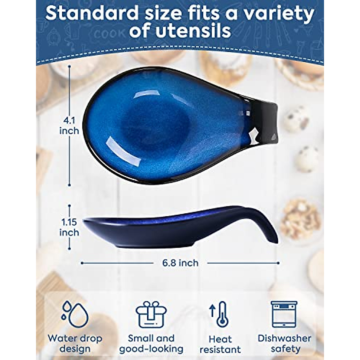 Uniidea Ceramic Spoon Rest, Spoon Rest for Kitchen Counter, Spoon Holder for Stove Top, Coffee Cooking Farmhouse 4inch, Blue