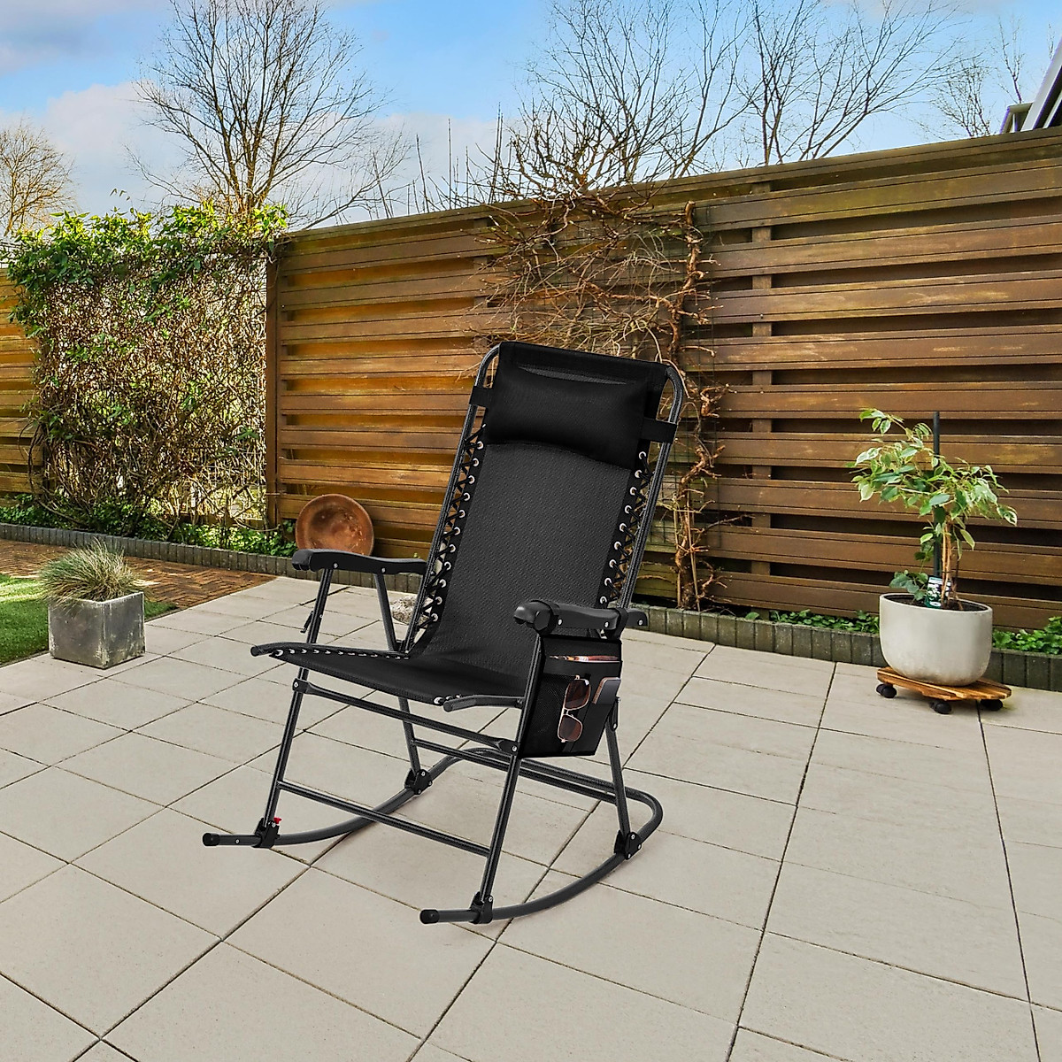 Yaheetech 2pcs 26in Rocking Chair Outdoor Zero Gravity Folding Chairs Rocking Chairs Foldable Outdoor Lounge Chair for Outside Lawn with Cupholder/Pillow Ergonomic Design for Rest