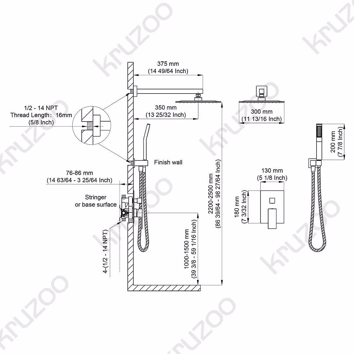 Kruzoo Shower System Rain 12 inches Brass Shower Faucet Set with Handheld Spray Mixer Set High Pressure Square Rainfall Shower Rough-in Valve (cUPC Certified Shower Valve Included) Brushed Nickel