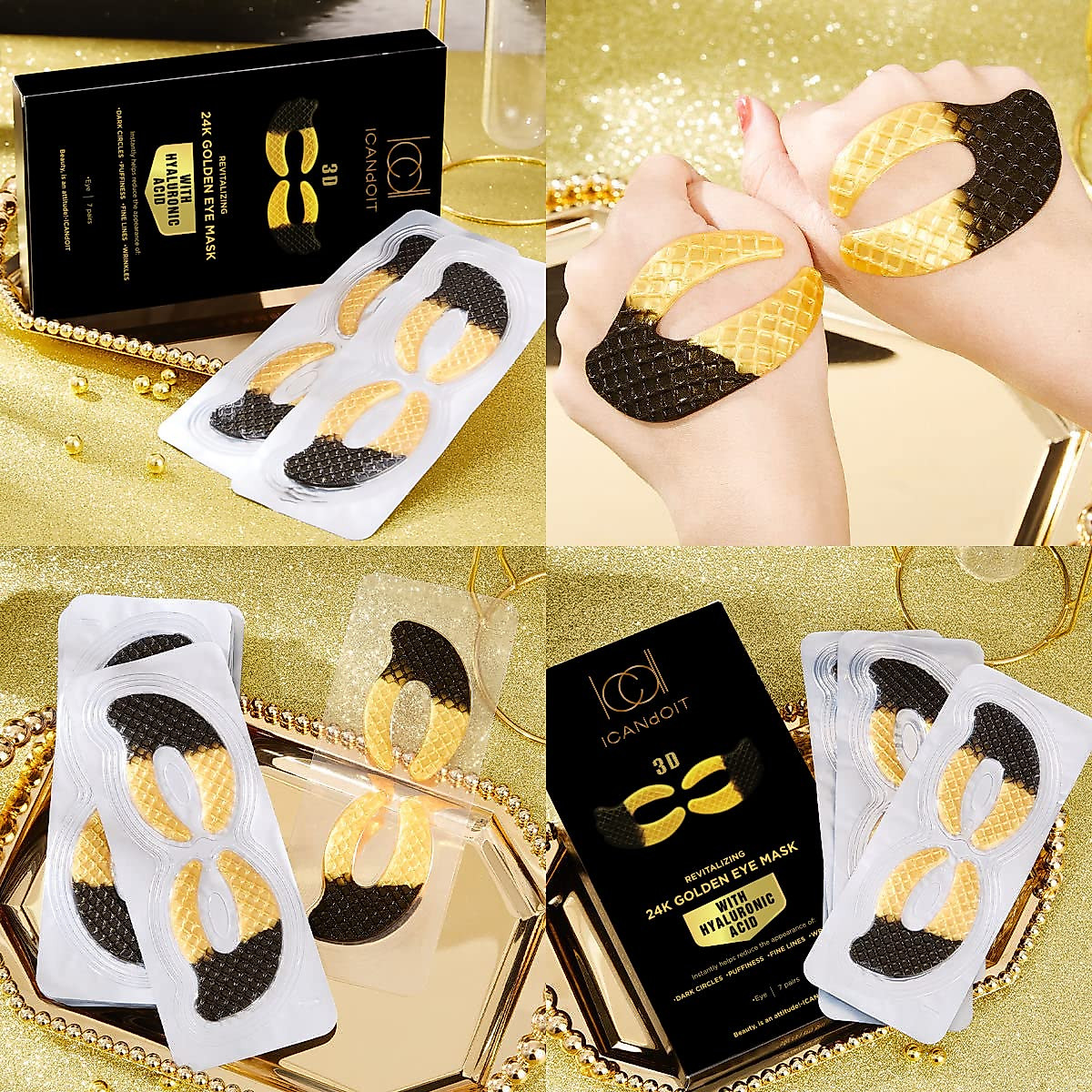 ICANdOIT 24K Gold Eye Mask For Dark Circles&Puffiness,Anti-Aging,Anti-Wrinkle With Hyaluronic Acid and Collagen,Eye Zone Care Eye Patches for All Skin Types,Best Gift Idea for Women&Men,7Pairs