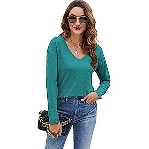 Sherosa Womens V Neck T Shirts Long Sleeve Cotton Cute Soft V Neck Tee Blue Green L