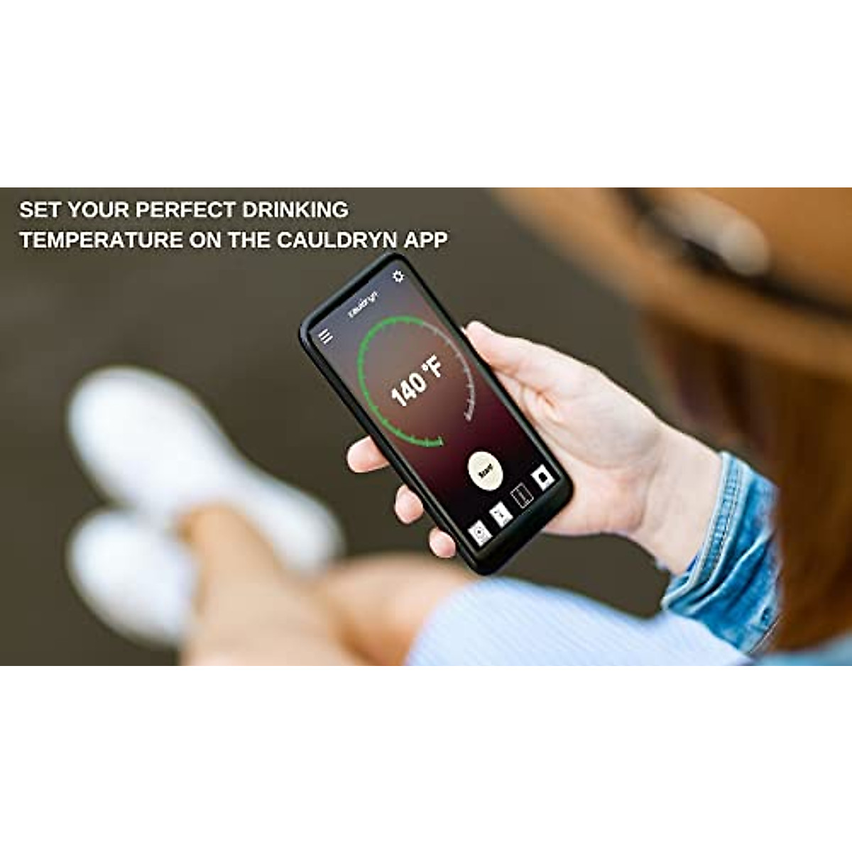 Cauldryn Coffee Temperature Control Travel Coffee Mug and Desktop Warmer, Smartphone via Bluetooth Control, Long Lasting Battery Powered Heated Portable Smart Mug, Stainless Steel, 16 oz, White