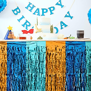 Blue Dog Birthday Party Decorations, Wavy Blue Orange Table Skirt Metallic Tinsel Foil Fringe Streamers for Square or Round Table (6ft/8ft), Blue Dog Themed Party Supplies - 29x108 Inches (2 Pcs)