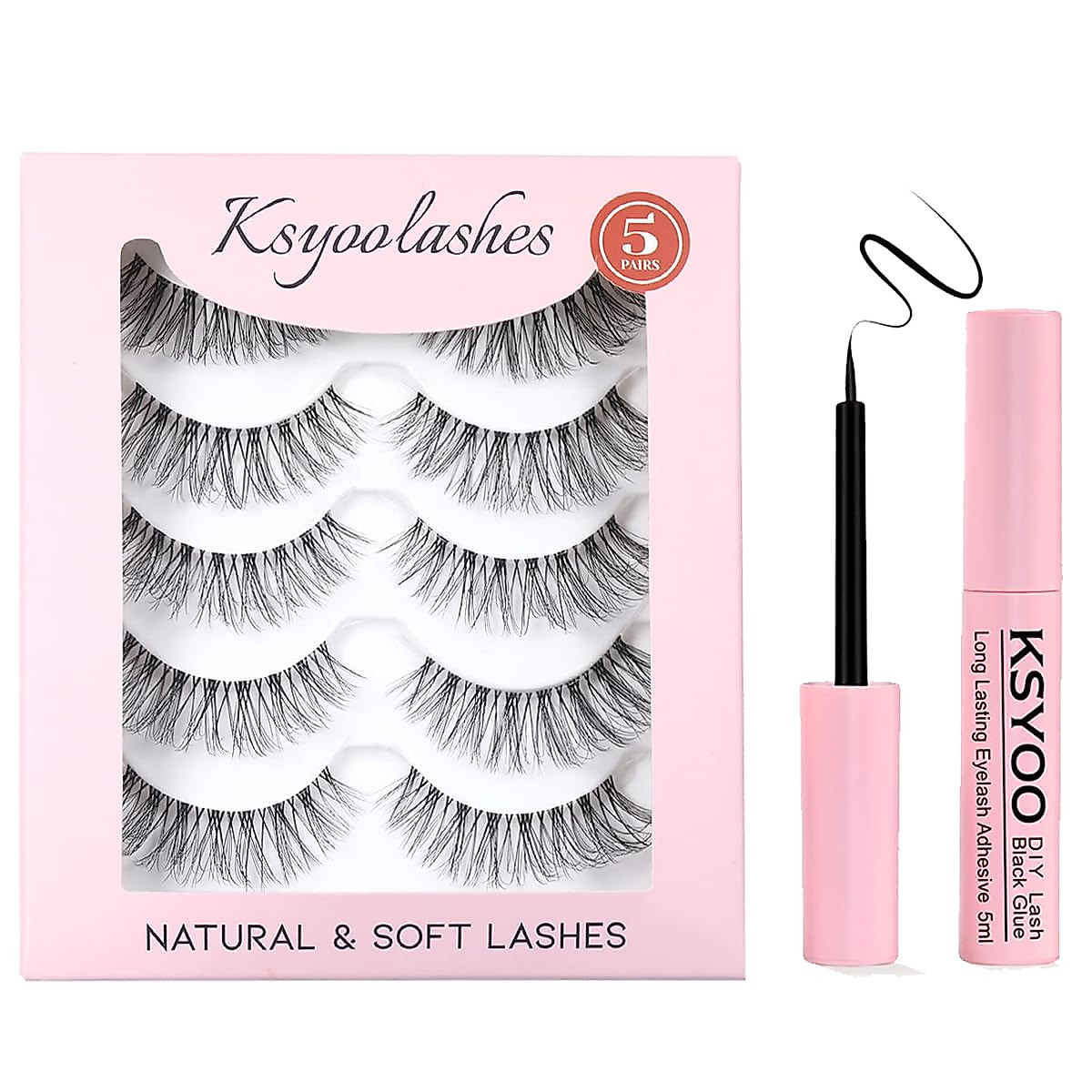 KSYOO Natural Lashes with Glue Set, Clear Band 3D False Eyelashes Multi-pack (A8 Black Glue Kit)