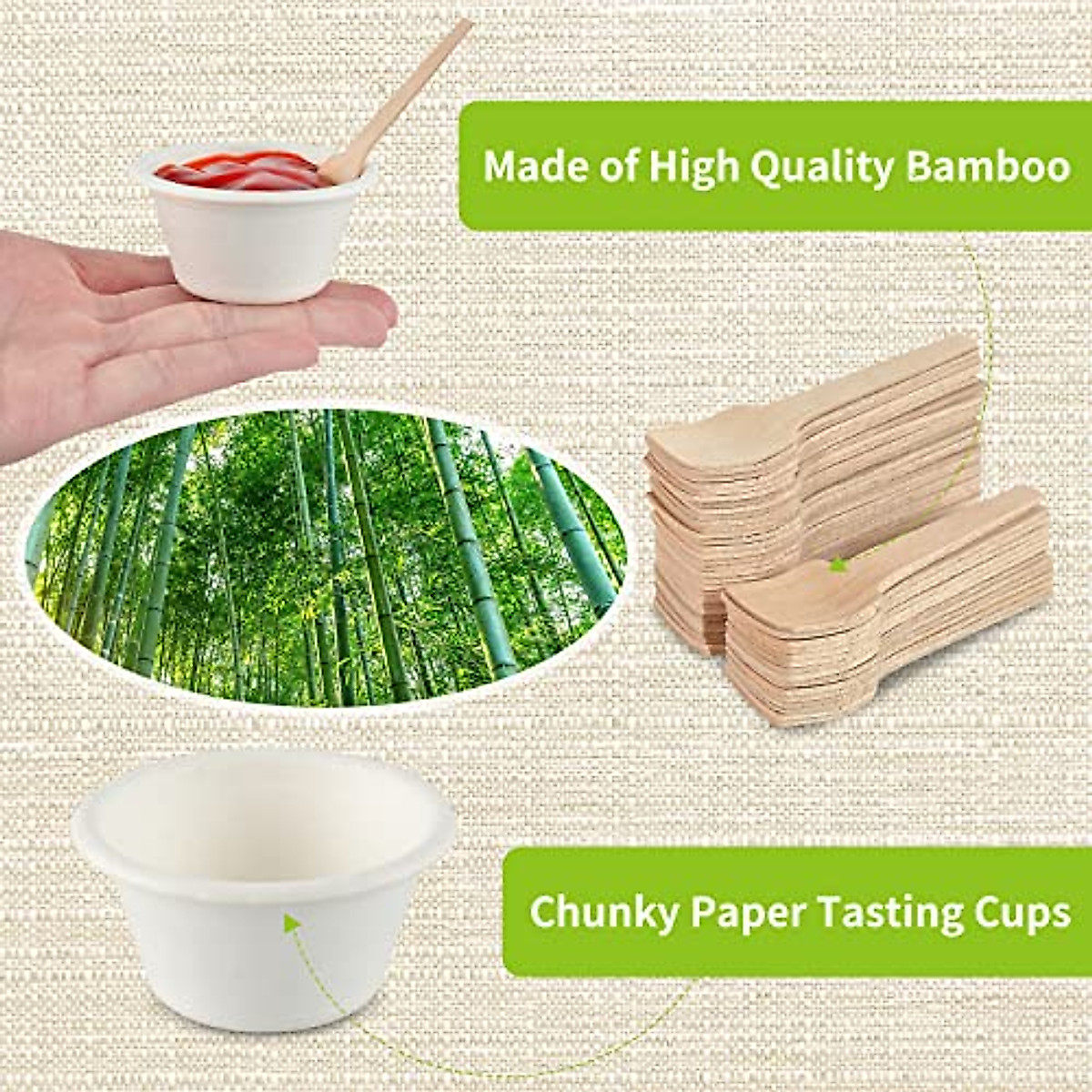 100 Set 2 oz Portion Cups Paper Souffle Portion Cups with Wooden Spoons Disposable Chili Cook Off Sample Cups for Party Supplies (100)