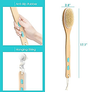 FREEDOM GOODS Back Scrubber for Shower (Dual Sided), Long Handled Shower Brush, Dry Brushing Body Brush (Hard and Soft Bristles), Body Scrubber Shower and Bath Brush with Exfoliating Glove Men Women