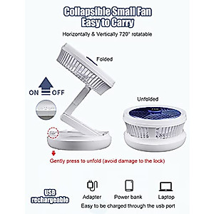 NORMIA RITA 7In Foldable Small Desk Fan with Light, Multifunction Personal Fan with Dimmable LED Light Quiet Rechargeable Portable Fan with Hanging Hook/Wall Mounted for Home Office Travel