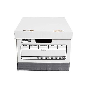 Staples Heavy-Duty Storage Boxes, Top Tab, Stacking Strength 850 lb, White/Gray, 9 3/4"H x 12"W x 15"D, 4/Ct