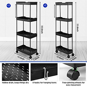 Thyle 4 Pack Slim Storage Cart 4 Tier Rolling Cart Organizer Bathroom Storage Cabinet Mobile Shelving Unit Rolling Utility Cart with Wheels for Kitchen Bathroom Laundry Office Narrow Places, Black