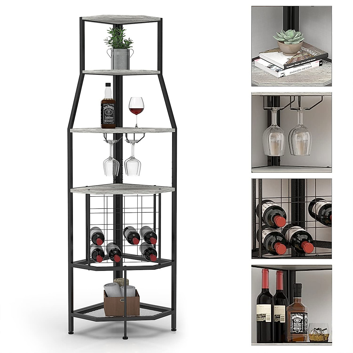Espelism 5-Tier Corner Wine Rack Floorstanding with Glass Holder and Bottles Wine Storage Home Bar Furniture for Home Kitchen Dining Room Industrial Metal and Wooden Corner Shelf
