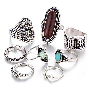 Campsis 8PCS Knuckle Ring Sets Turquoise Boho Rings Vintage Flower Mid Finger Ring for Women and Girls