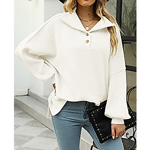LILLUSORY Women's Long Sleeve Button Up Drop Shoulder Sweaters 2023 Fall Oversized Slit Side Knit Pullover Sweater White